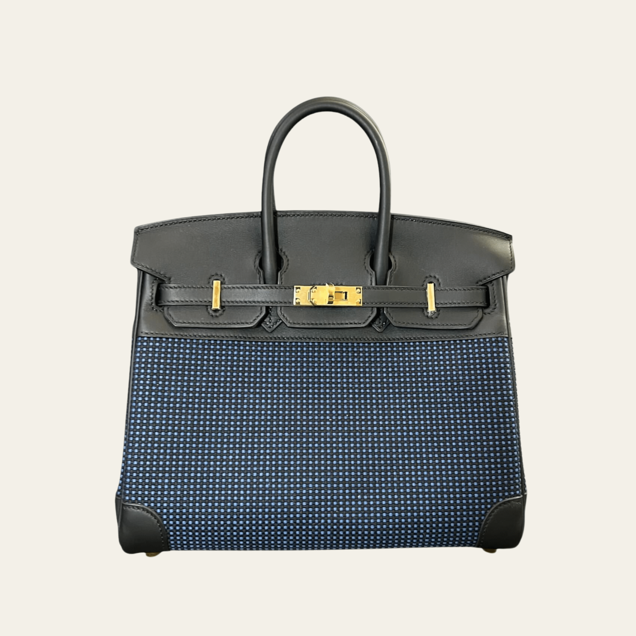 Hermès Birkin 25 Quadrille Black Swift and Bleu Egee Bivouac Toile Gol ...